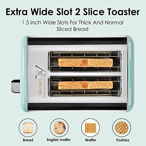 2 Slice Toaster, REDMOND Aqua Green Toaster with LED Touch Screen and Digital Countdown Timer, Stainless Steel Toaster with Extra Wide Slot and Cancel Defrost Reheat Function, 6 Shade Settings