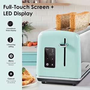 2 Slice Toaster, REDMOND Aqua Green Toaster with LED Touch Screen and Digital Countdown Timer, Stainless Steel Toaster with Extra Wide Slot and Cancel Defrost Reheat Function, 6 Shade Settings