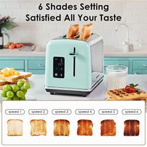 2 Slice Toaster, REDMOND Aqua Green Toaster with LED Touch Screen and Digital Countdown Timer, Stainless Steel Toaster with Extra Wide Slot and Cancel Defrost Reheat Function, 6 Shade Settings