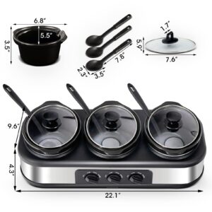 Triple Slow Cooker, 3 X 1.5QT Mini Individual Pots with Adjustable Temp, Dishwasher Safe, Portable Buffet Server and Warmer, Safe Ceramic Pots & Glass Lid, Stainless Steel