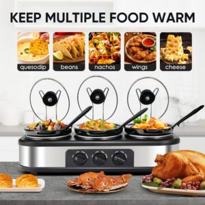 Triple Slow Cooker, 3 X 1.5QT Mini Individual Pots with Adjustable Temp, Dishwasher Safe, Portable Buffet Server and Warmer, Safe Ceramic Pots & Glass Lid, Stainless Steel