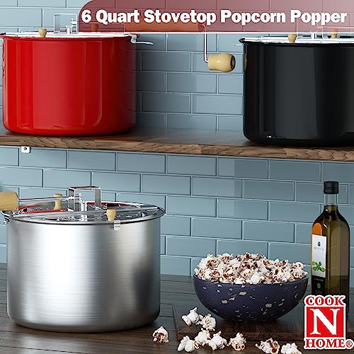 Cook N Home 02699 6-Quart Aluminum Stovetop Popcorn Popper, Red