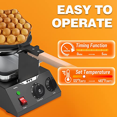 PYY Bubble Waffle Maker Commercial Waffle Maker Machine Non-stick Hong Kong Egg Waffle Maker for Home Use Stainless Steel Pancake Maker 180° rotate, 1500W 110V Electric Cone Maker 50-250℃/122-482℉