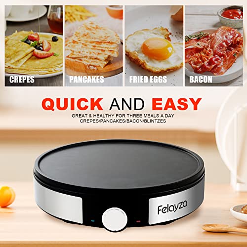 FELAYZA 12” Electric Crepe Maker & Griddle, NonStick Crepe Pan with Batter Spreader,1200W Omelette Makers with Thermostat Control for Pancake, Egg, Brunch