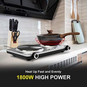 GIVENEU Electric Double Burner Hot Plate for Cooking, 1800W Portable Electric Stove, 6 Speed Adjustable Thermostats, Stainless Steel Hot Plate for Kitchen, Dorm and Camping