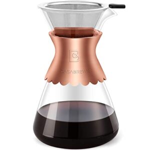 casabrews pour over coffee maker, coffee dripper brewer with reusable double-layer stainless steel filter, 34oz heat resistant glass coffee pot, elegant coffee carafe, gift for dad or mom, rose gold