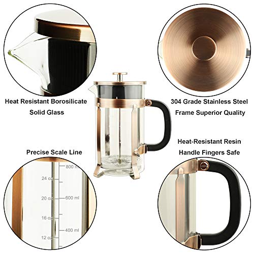 ADAMITA French Press Coffee Maker 8 cups 34 oz 304 Stainless Steel Coffee Press with 4 Filter Screens, Easy Clean Heat Resistant Borosilicate Glass - Free 100% BPA (A-Style-Copper-2A, 34 oz)