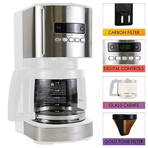 Kenmore Aroma Control 12-Cup Programmable Coffee Maker, White and Stainless Steel Drip Coffee Machine, Glass Carafe, Reusable Filter, Timer, Digital Display, Charcoal Water Filter, Regular or Bold