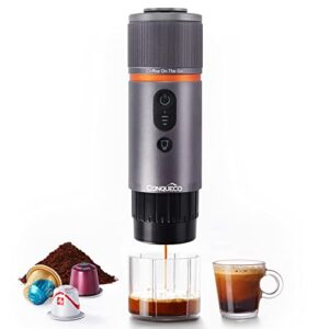 conqueco portable coffee machine travel - 12v car espresso maker with battery for camping - small electric - 3 mins heating - rechargeable usb charging (silvery)