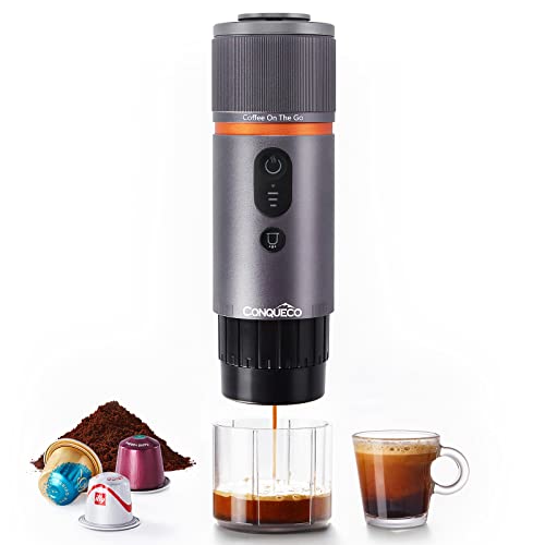 CONQUECO Portable Coffee Machine Travel - 12v Car Espresso Maker with Battery for Camping - Small Electric - 3 Mins Heating - Rechargeable USB Charging (Silvery)