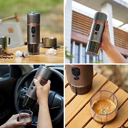 CONQUECO Portable Coffee Machine Travel - 12v Car Espresso Maker with Battery for Camping - Small Electric - 3 Mins Heating - Rechargeable USB Charging (Silvery)