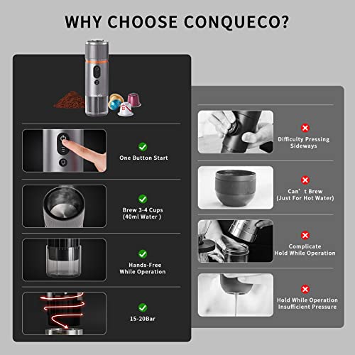 CONQUECO Portable Coffee Machine Travel - 12v Car Espresso Maker with Battery for Camping - Small Electric - 3 Mins Heating - Rechargeable USB Charging (Silvery)