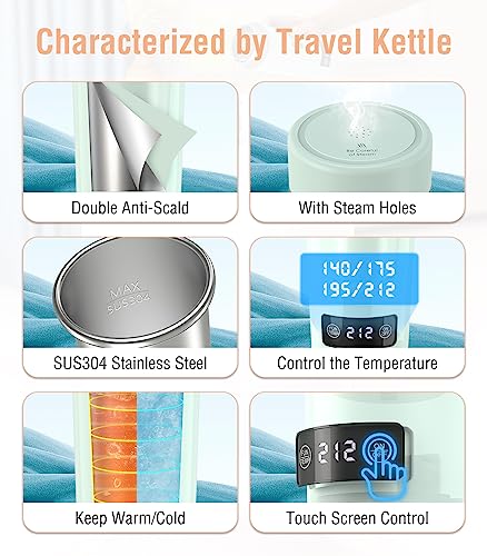 Travel Portable Electric Kettle Small with Temperature Control and LCD Display,304 Stainless Steel BPA Free Travel Tea Kettle with Auto Shut-Off for Road trip, business trips, camping by buways