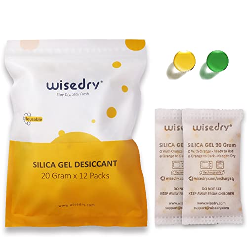 wisedry 20 Gram [12 Packs] Rechargeable Silica Gel Packets Microwave Fast Reactivate in 2MINS Moisture Absorber Desiccant Packs with Orange Indicating Beads Food Grade