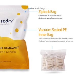 wisedry 20 Gram [12 Packs] Rechargeable Silica Gel Packets Microwave Fast Reactivate in 2MINS Moisture Absorber Desiccant Packs with Orange Indicating Beads Food Grade