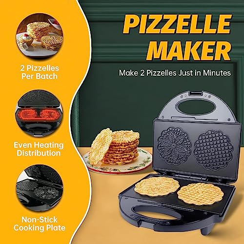 FineMade Pizzelle Maker with Non-Stick Coating, Electric Pizzelle Cookie Baker Press with Snowflake Pattern, Make Two 4 Inch Traditional Italian Waffle Cookies at Once, Recipe Included