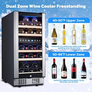 Zevemomo 30 Bottle Wine Fridge 15" Dual Zone Refrigerators Cooler with Upgraded Compressor Digital Memory Temperature Control, Low Noise Glass Door, Black