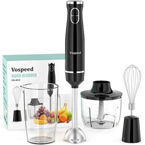 immersion blender, vospeed 1000 watt 4-in-1 hand blender with chopper, whisk, 600ml mixing beaker, electric stick blender with two speed adjustable, ergonomic handle, detachable