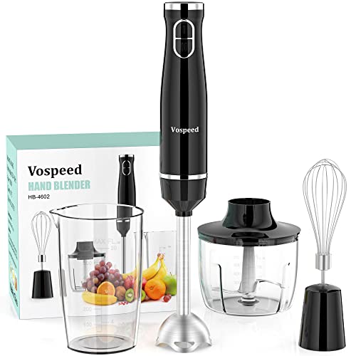 Immersion Blender, Vospeed 1000 Watt 4-in-1 Hand Blender with Chopper, Whisk, 600ml Mixing Beaker, Electric Stick Blender with Two Speed Adjustable, Ergonomic handle, Detachable