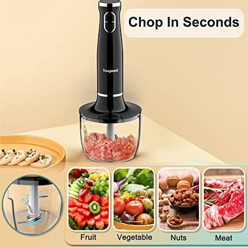 Immersion Blender, Vospeed 1000 Watt 4-in-1 Hand Blender with Chopper, Whisk, 600ml Mixing Beaker, Electric Stick Blender with Two Speed Adjustable, Ergonomic handle, Detachable