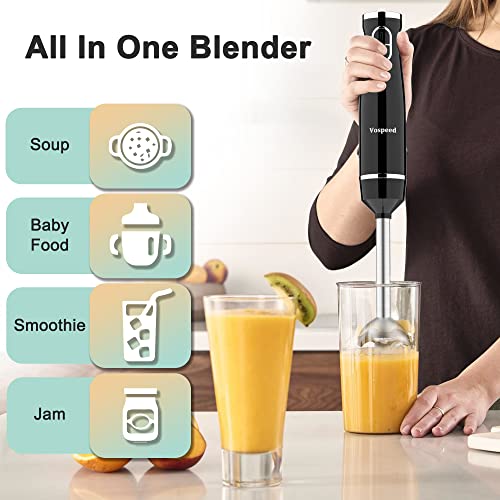 Immersion Blender, Vospeed 1000 Watt 4-in-1 Hand Blender with Chopper, Whisk, 600ml Mixing Beaker, Electric Stick Blender with Two Speed Adjustable, Ergonomic handle, Detachable