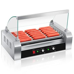 sybo hot dog roller, 18 hot dog 7 roller grill cooker machine with removable stainless steel drip tray and glass hood cover, 1000-watts, ot-r3-8