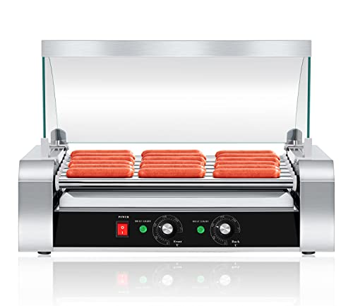 SYBO Hot Dog Roller, 18 Hot Dog 7 Roller Grill Cooker Machine with Removable Stainless Steel Drip Tray and Glass Hood Cover, 1000-Watts, OT-R3-8