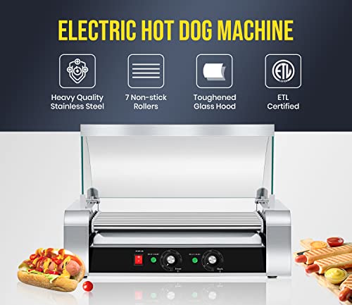 SYBO Hot Dog Roller, 18 Hot Dog 7 Roller Grill Cooker Machine with Removable Stainless Steel Drip Tray and Glass Hood Cover, 1000-Watts, OT-R3-8