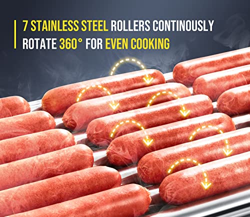 SYBO Hot Dog Roller, 18 Hot Dog 7 Roller Grill Cooker Machine with Removable Stainless Steel Drip Tray and Glass Hood Cover, 1000-Watts, OT-R3-8