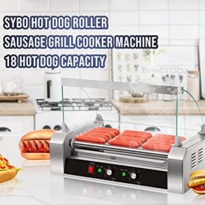 SYBO Hot Dog Roller, 18 Hot Dog 7 Roller Grill Cooker Machine with Removable Stainless Steel Drip Tray and Glass Hood Cover, 1000-Watts, OT-R3-8