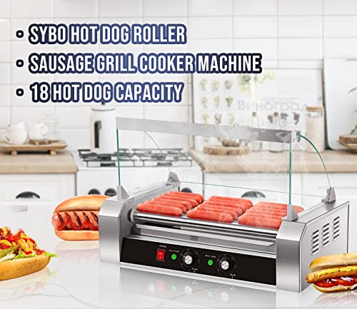 SYBO Hot Dog Roller, 18 Hot Dog 7 Roller Grill Cooker Machine with Removable Stainless Steel Drip Tray and Glass Hood Cover, 1000-Watts, OT-R3-8