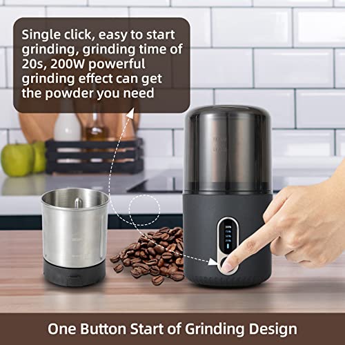 Electric Coffee Grinder, Wireless Powerful Coffee Bean Grinder with USB Rechargeable, Fresh Grind Coffee Grinder for Beans, Spices, Herb and More, Removable Bowl and 304 Stainless Steel Blade