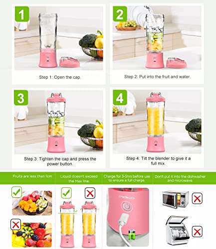 MoKo Portable Blender, 270 Watt Personal Blender for Shakes and Smoothies,21OZ Personal Blender USB Rechargeable with 6 Blades, BRA Free, Smoothie Blender for Kitchen Sports Travel and Outdoors, Pink