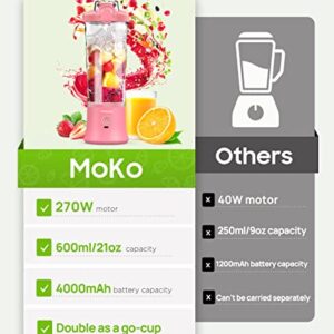 MoKo Portable Blender, 270 Watt Personal Blender for Shakes and Smoothies,21OZ Personal Blender USB Rechargeable with 6 Blades, BRA Free, Smoothie Blender for Kitchen Sports Travel and Outdoors, Pink