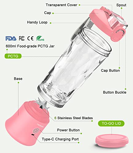 MoKo Portable Blender, 270 Watt Personal Blender for Shakes and Smoothies,21OZ Personal Blender USB Rechargeable with 6 Blades, BRA Free, Smoothie Blender for Kitchen Sports Travel and Outdoors, Pink