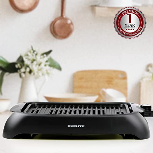 OVENTE Indoor Electric BBQ Grill with Non-stick Grilling Plate, Adjustable Temperature Control, Easy to Clean Cooking Surface and Removable Drip Tray, Perfect for Small House Party, Black GD1632NLB