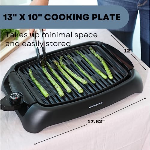 OVENTE Indoor Electric BBQ Grill with Non-stick Grilling Plate, Adjustable Temperature Control, Easy to Clean Cooking Surface and Removable Drip Tray, Perfect for Small House Party, Black GD1632NLB