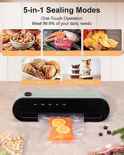 CROWNFUL Automatic Vacuum Sealer Machine, Dry & Moist Food Sealer with Built-in External Suction Tube & Cutter, Removable Drip Tray, 5 in 1 LED Touch Screen Air Sealer Machine with Vacuum Seal Bags/Roll (ETL Certified)