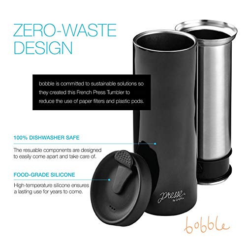 bobble French Coffee Presse, On-The-Go use, Quick Brew, Slim Design, Triple Wall Insulation, 14 oz (Peacock)