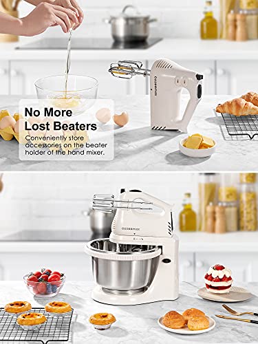 2 in 1 Hand Mixers Kitchen Electric Stand mixer with bowl 3 Quart, electric mixer handheld for Everyday Use, Dough Hooks & Mixer Beaters for Frosting, Meringues & More (White-S)