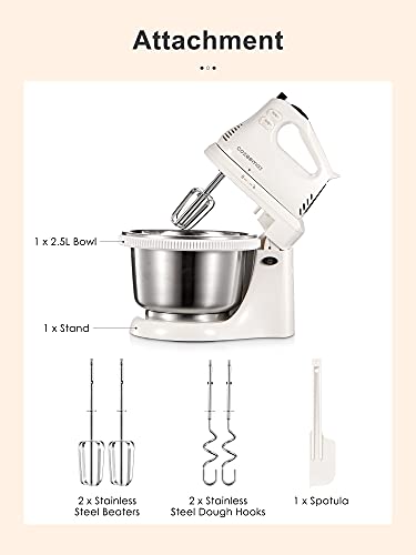 2 in 1 Hand Mixers Kitchen Electric Stand mixer with bowl 3 Quart, electric mixer handheld for Everyday Use, Dough Hooks & Mixer Beaters for Frosting, Meringues & More (White-S)