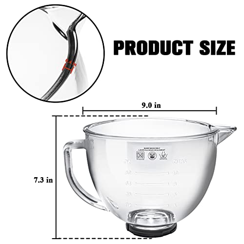 Funmit Glass Mixng Bowl for 4.5 and 5 Quart Tilt-Head Stand Mixer Bowls, Kitchen Glass Bowls Aid with Measurement Markings