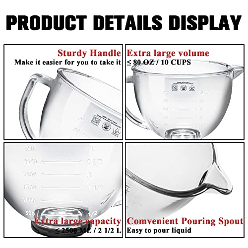 Funmit Glass Mixng Bowl for 4.5 and 5 Quart Tilt-Head Stand Mixer Bowls, Kitchen Glass Bowls Aid with Measurement Markings