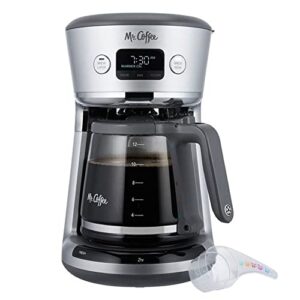 mr. coffee 31160393 easy measure 12 cup programmable digital coffee maker machine with built in water filtration and measuring scoop, silver