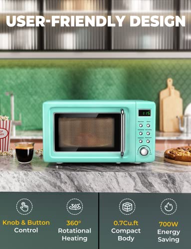 Retro Microwave Oven, SIMOE Small Countertop Microwave 0.7 cu. ft. 700W with 8 Preset Cooking Options (Mint Green)