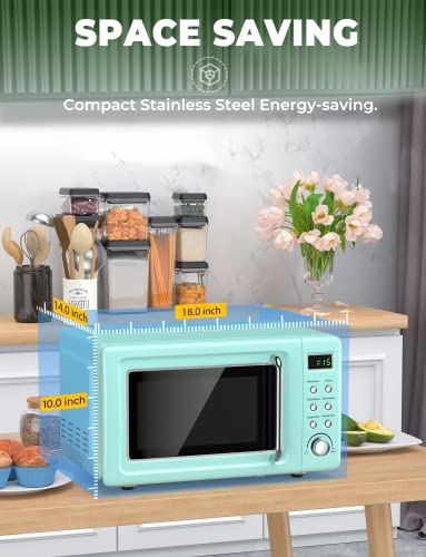 Retro Microwave Oven, SIMOE Small Countertop Microwave 0.7 cu. ft. 700W with 8 Preset Cooking Options (Mint Green)