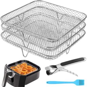 air fryer accessories - three stackable dehydrator racks for ninja, instant pot vortex, cosori, chefman, gowise, ultrean, gourmia - 304 stainless steel grill rack fits 4.2-5.8 qt air fryer, oven