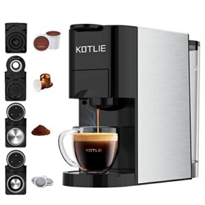 kotlie latest single serve coffee maker,4in1 espresso machine for k-cup/nespresso original/ground/ese capsule pod,3 pods,2 bowl,2oz to 10oz cup, 28oz removable water tank,19 bar,1450w