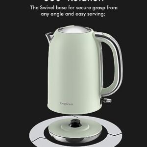 Electric Tea Kettle, Longdeem 1.7L Stainless Steel Water Boiler & Heater, 1500 Watts for Fast Boiling, Auto-Shutoff and Boil-Dry Protection, Cordless Serving with LED Light, Pastel Green