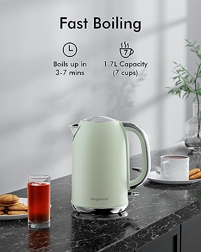 Electric Tea Kettle, Longdeem 1.7L Stainless Steel Water Boiler & Heater, 1500 Watts for Fast Boiling, Auto-Shutoff and Boil-Dry Protection, Cordless Serving with LED Light, Pastel Green